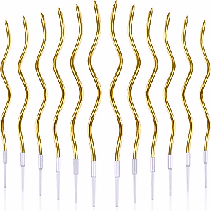 12 Pcs Twisty Birthday Candles Long Spiral Cake Candles Metallic Cake Cupcake Candles Long Thin Coil Cake Candles with Holders for Birthday Wedding Party Cake Decoration (Gold)