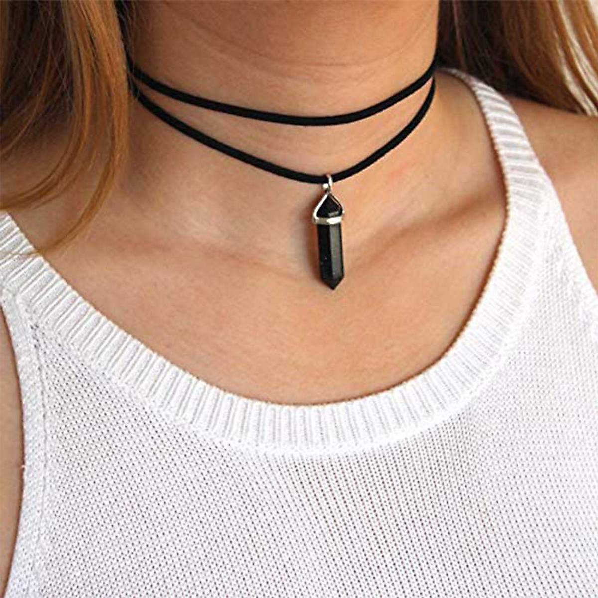 Aimimier Layered Choker Necklace Crystal Choker Chakra Suede Choker Hexagonal Gemstone Pendant Necklace Bohemia Jewelry for Women(Black)