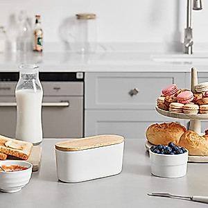 DOWAN Porcelain Butter Dish, Covered Butter Container with Wooden Lid for Countertop, Airtight Butter Keeper with Covers for East West Coast Butter, White