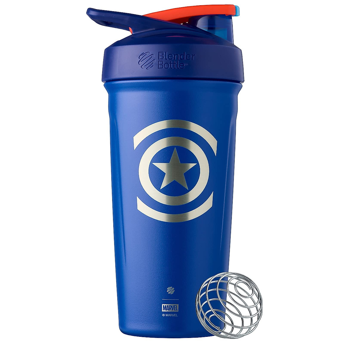 BlenderBottle Marvel Strada Shaker Cup Insulated Stainless Steel Water Bottle with Wire Whisk, 24-Ounce, Captain America Shield