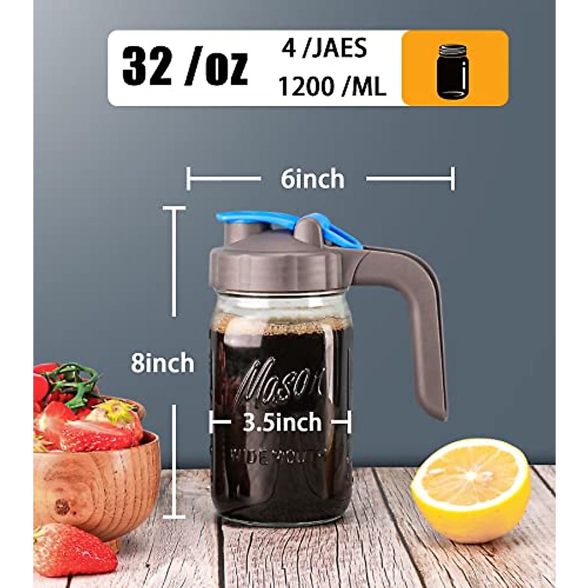 Glass Mason Jar 32 oz Pitcher, 4 Pack Quart Mason Jar Pitcher with Wide Mouth Airtight Lid, Heavy Duty Glass Pitcher for Cold Brew, Ice Tea, Coffee, Sun Tea, Juice, Breastmilk