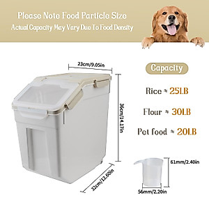 50 lb Airtight Flour Storage Container, 2 Pack Large Rice Storage Container Bin with Wheels, Flip Top Lip, Measuring Cup, Scoop, Plastic Rice Dispenser, for Grain Sugar Beans Cereal Dog Food (Gray)