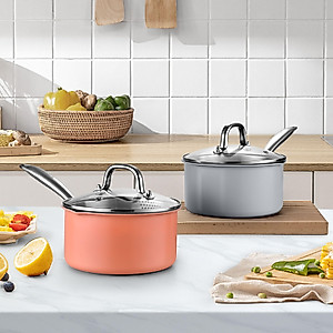 Fracoda Nonstick Ceramic Saucepan 2.5 Qt,Sauce Pot with Strainer Lid,Two Side Spouts for Easy Pour with Ergonomic Handle,Non Toxic,PTFE &PFOA Free - Oven Safe Compatible with All Stovetops,Perracotta