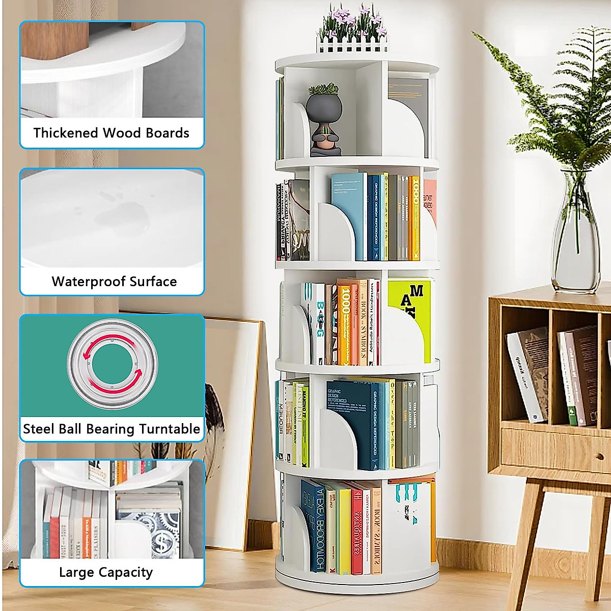 Rotating Bookshelf Tower, 360 Display 5 Tier Floor Standing Bookcase Storage Rack for Kids&Adults, Corner Bookshelf for Small Space, Book Shelf Rotating Bookcase for Bedroom, Living Room, Study
