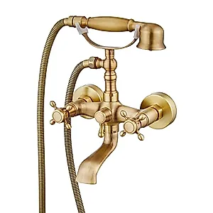gotonovo Wall Bathtub Faucet Set with HandHeld Shower Spray Antique brass Double Cross Handle 2 Functions Wall Mount 360 Swivel Mixer Tub Filler Spout Vintage Bathroom