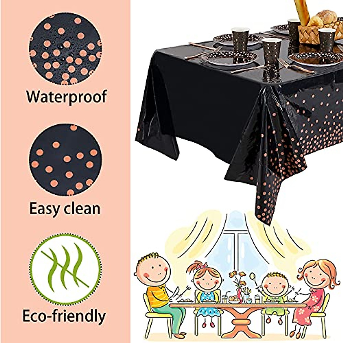 vannyster Black 4 Pack 54x108 Inch Disposable Plastic Tablecloths, Rose Gold Dot Confetti Table Covers for Party Supplies