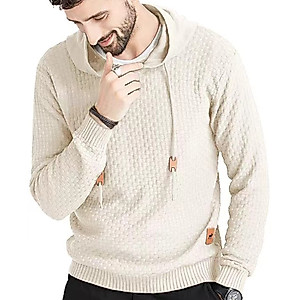 Zaitun Mens Hooded Sweatshirt Long Sleeve Solid Knitted Hoodie Pullover Sweater Khaki