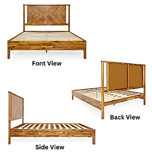 Bme Vivian 14 Inch Deluxe Bed Frame with Headboard, Rustic & Scandinavian Style with Solid Acacia Wood, No Box Spring Needed, 12 Strong Wood Slat Support, Easy Assembly, Queen, Rustic Golden Brown