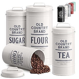 Barnyard Designs White Canister Sets for Kitchen Counter, Vintage Kitchen Canisters, Country Rustic Farmhouse Decor for the Kitchen, Coffee Tea Sugar Flour Farmhouse Kitchen Decor, Metal, Set of 4