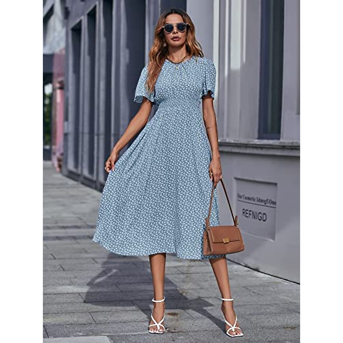 Floerns Women's Short Sleeve Boho Floral Dress A Line Smocked Midi Dress A Blue L