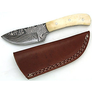 Wild Turkey Handmade Damascus Steel Collection Full Tang Bone Handle Fixed Blade Knife w/Leather Sheath Outdoors Hunting Camping Fishing (1)