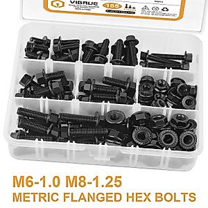 VIGRUE 155PCS M6-1.0 M8-1.25 Flanged Hex Bolts, M6 x 12/16/20/25/30mm and M8 x 16/20/25/30mm Flange Hexagon Screws Bolts Nuts 10.9 Alloy Steel Black Zinc Plated Full UNC Thread