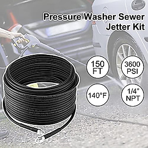 M MINGLE 150 Feet Sewer Jetter Kit for Pressure Washer, 1/4 Inch NPT, Drain Cleaning Hose, Button Nose, and Rotating Sewer Jetting Nozzle, Orifice 4.0, 4.5, 3600 PSI