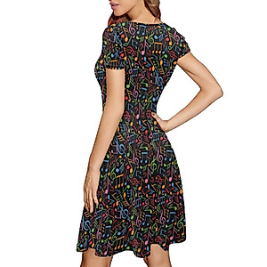 POLERO Women Lady Animal Colorful Music Notes Print Short Sleeve Summer Dress Round Neck Chic Flowy Midi Dresses Size L