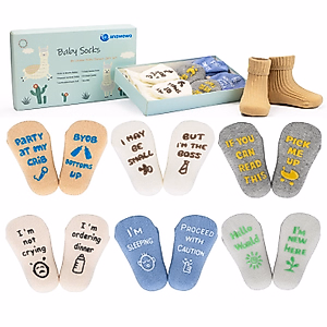 snawowo Funny Newborn Baby Socks with Grip, Cute Gender Neutral Gift for Baby Shower & Baby Registry Search, Non Slip Infant Socks for Girl Boy (6 Pairs-Unisex)