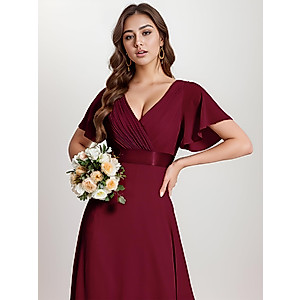 Ever-Pretty Women's Classic Chiffon Short Sleeve Pleated V-Neck Floor Length Bridesmaid Dresses Burgundy US14