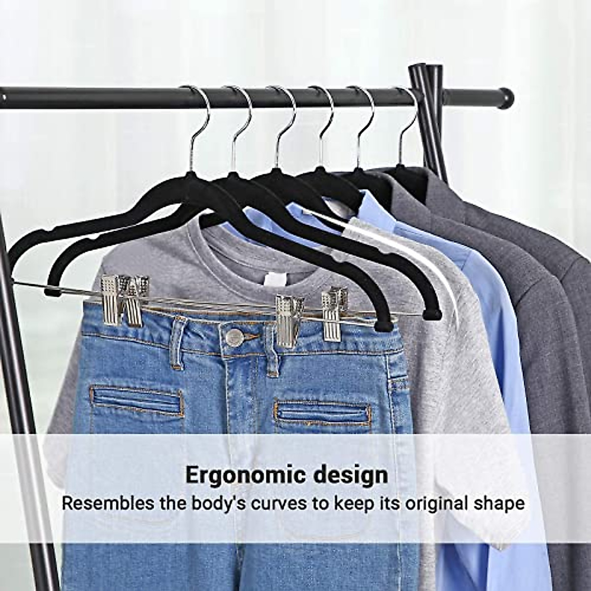 SONGMICS 30 Black Skirt Hangers Bundle with 24 Light Pink Pants Hangers, 16.7-Inch Coat Hangers with Moveable Clips, Heavy-Duty, Black and Light Pink UCRF12B30 and UCRF14PK24