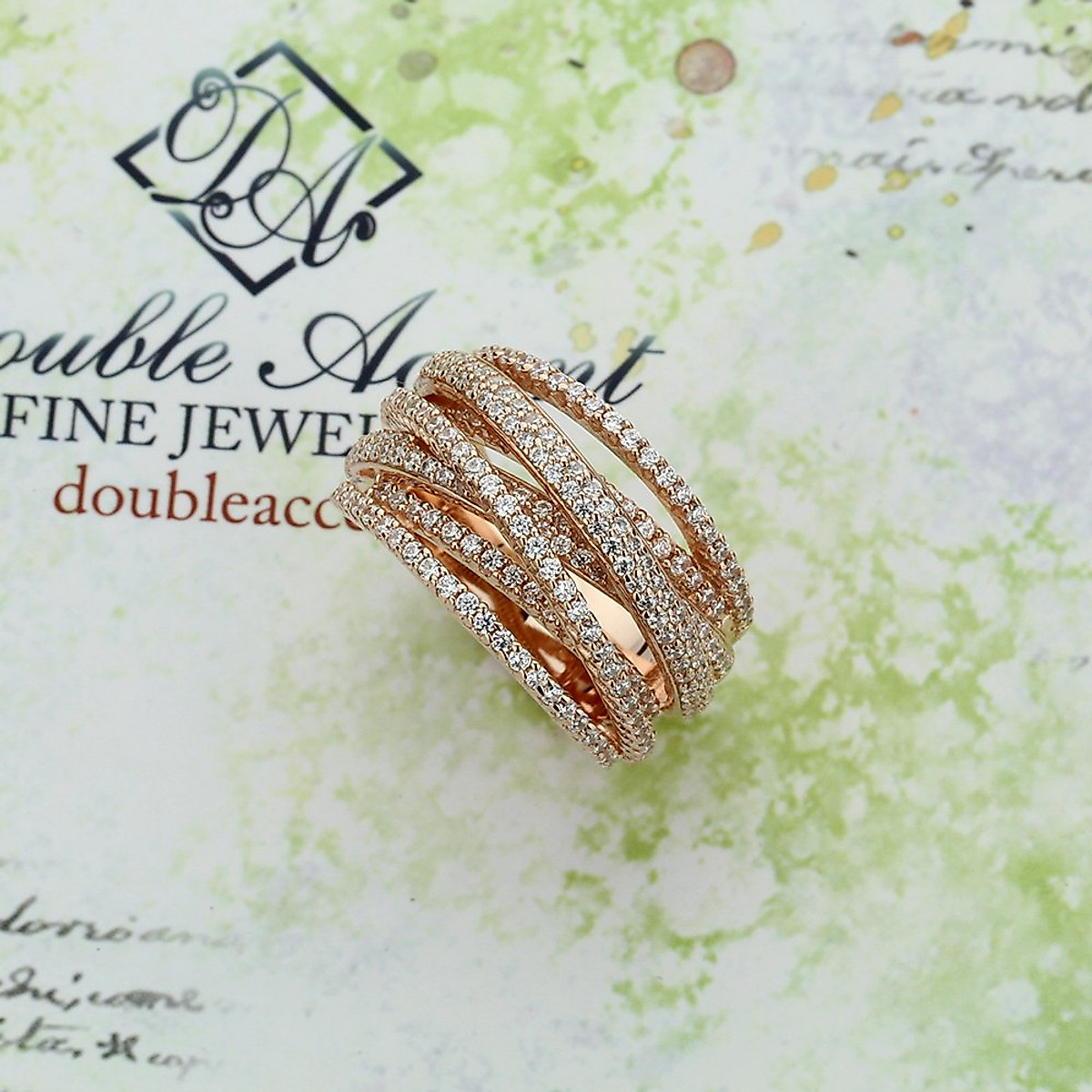 DoubleAccent 14K Gold or Rose Gold Plated Sterling Silver Ring Intertwined Design CZ Stone Pave Right Hand Ring 13.5mm, 5