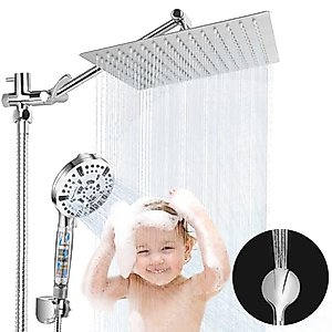 Shower Head Combo,10 Settings Handheld Filtered Shower head/10" High Pressure Rain Shower Head with 11" Extension Arm,Bracket/Hose, Chrome