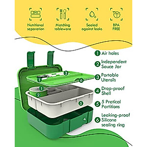 Lehoo Castle Bento Lunch Box for Kids, 1250mL Lunch Box for Boys with 5 Compartments, Kids Lunch Container with Utensil - Included Spoon, Fork, Sauce Jar, Microwave and Dishwasher Safe