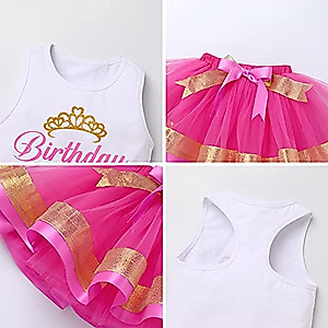 Toddler Kid Baby Girl 1/2/3/4/5/6 Year Old Birthday Party Dress Sleeveless Printed Vest Tops+Princess Tulle Tutu Skirt+Flower Crown Outfit Summer Clothes Cake Smash Photography Hot Pink 4-5 Years
