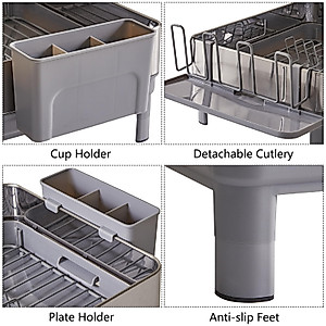 IBUYKE Stainless Steel Dish Drying Rack,Rust Resistan Dish Racks for Kitchen Counter,Dish drainers with 360° Rotatable Spout and Removable Flatware Caddy,Silver Gray TDS002G