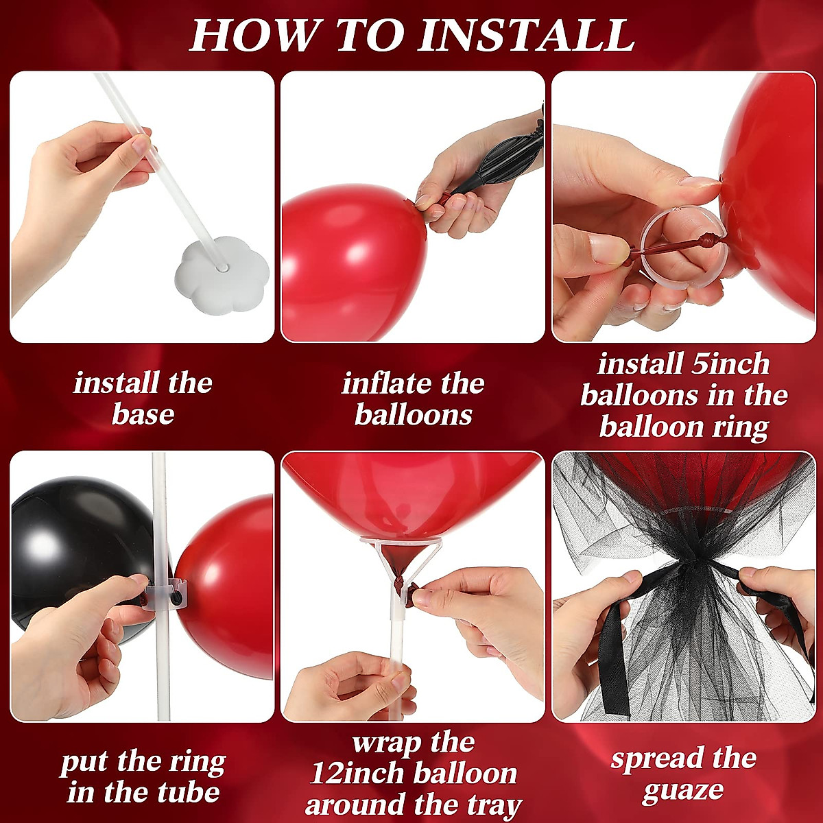 BBTO 8 Set, Black & Gold Balloon Centerpieces Kit with 128 Pcs Latex Balloons, Reusable Balloon Sticks, Tulle & Ribbons for Party Decoration