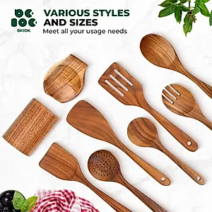Bkiok Wooden Spoons for Cooking, Teak Wooden Utensil Set, Handmade Cooking Utensil Set with Spoon Rest and Utensils Holder (9Pcs)