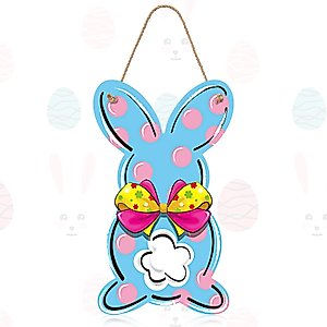 Easter Bunny Wooden Sign Easter Hanging Door Sign Blue Pink Rabbit Shaped Welcome Door Decor with Rope for Easter Home Farmhouse Indoor Outdoor Decorations, 13.4 x 8 Inch (Blue Rabbit with Cute Bow)