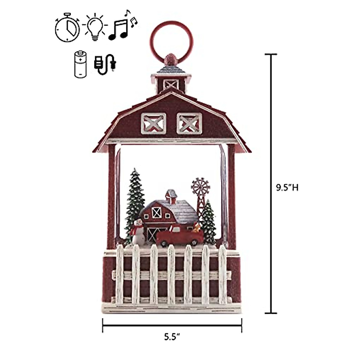 Victory Creative Barn House Christmas Lighted Snow Globe Lantern 9.5" H Musical Snow Globe with Swirling Glitter Battery Operated & Timer & USB