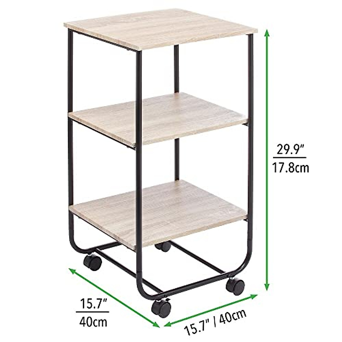 mDesign Metal Wood 3-Tier Rolling Household Storage Cart to use in Bathrooms, Kitchen, Craft Rooms, Laundry Rooms, and Kid's Rooms - Portable, Includes 4 Caster Wheels - Natural/Black