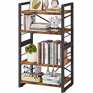 Homeiju Bookshelf, 4 Tier Stackable Bookcase, Adjustable Industrial Book Shelf Storage Organizer for Desktop, Living Room, Bedroom, Office(Rustic Black and Brown)