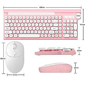 Typewriter Style Wireless Keyboard and Mouse Combo, Mute Keyboard with 2.4G 104-Key Retro Round Keycap Keyboard Ergonomic Design and Wterproof Keyboard with Round Mouse, White & Pink