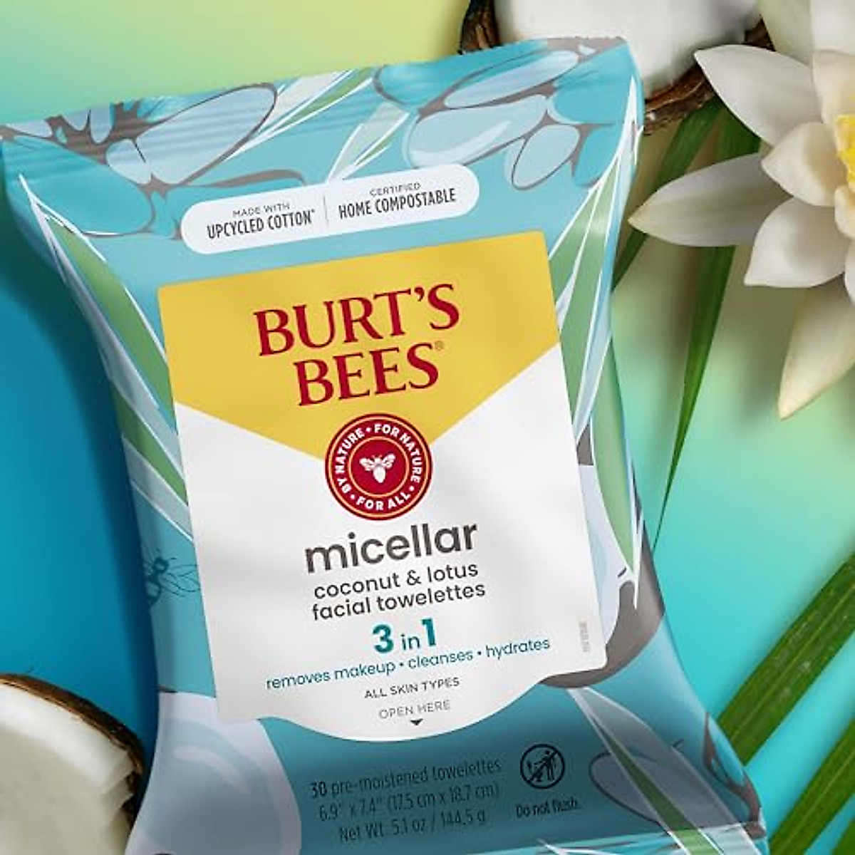 Burt's Bees Micellar Facial Towelettes With Coconut and Lotus, Pre-Moistened Towelettes for All Skin Types, 99.5 Percent Natural Origin Skin Care, 30 ct. Package
