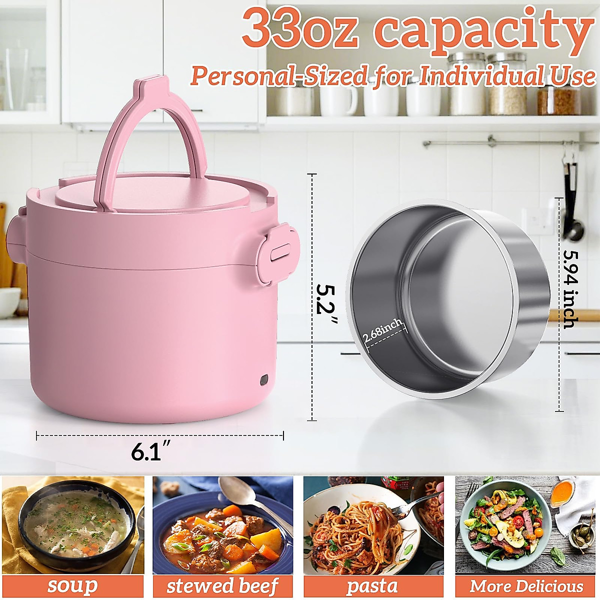 CDBEEE Electric Lunch Box for Adults,33 oz Lunch Warmer 100W Heated Lunch Box 12/24/110V Leak-proof,Portable Food Warmer for Work,Travel, home,Office,On-the-Go,Lonchera Eléctrica Portátil (Pink)