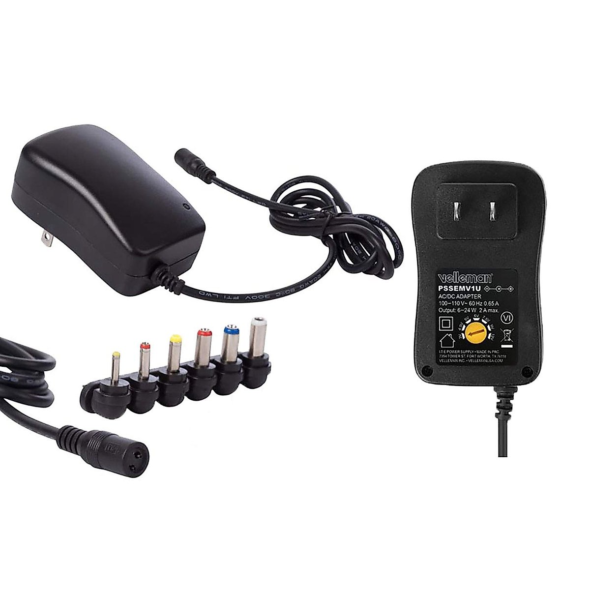Velleman PSSEMV1U 24W Compact Power Supply with Selectable Output and Six DC Plug Tips 3V to 12V 2A