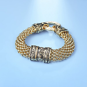 UNY Popcorn Chain Center Circle Pave Stone Unique Bracelet Magnetic Claps Designer Inspired Jewelry (Gold)