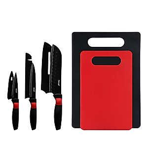 hecef 8-Piece Unique Kitchen knife Set, Knife and Cutting Board Set- 3 Black Stainless Steel Knives with Sheaths and 2 Chopping Mats, Ultra Sharp Knives for Home, Camping, RV, Travel, Picnic and BBQ