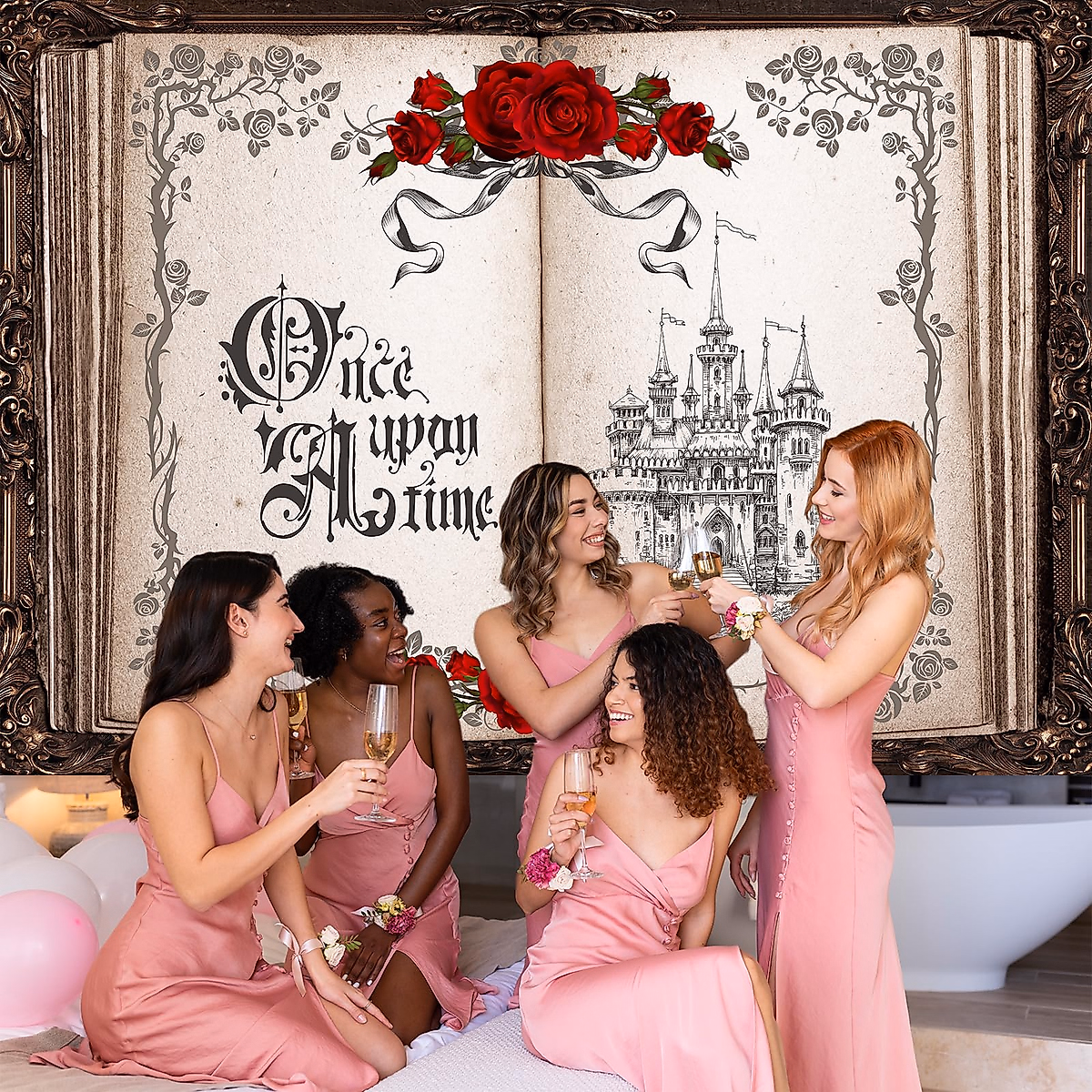 Mocsicka Once Upon a Time Backdrop Princess Castle Wedding Party Background Fairytale Book Red Roses Bridal Shower Party Cake Table Decoration Photo Booth Props (7x5ft)