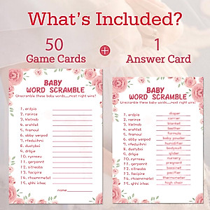 OLOUTAB 50 Baby Shower Games for Girl-Baby Shower Word Scramble Game,Floral Theme, Thick Cardstock, Fun and Easy to Play,Hilarious Baby Shower Games(with Answer)