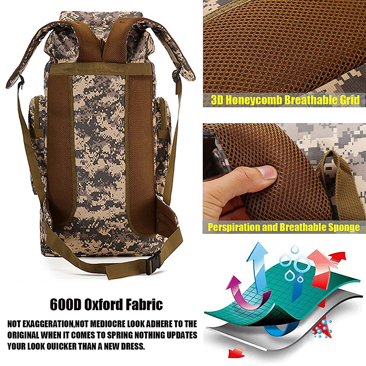 70L Waterproof Hiking Daypack Large Hiking Backpack, Hunting Camping Rucksack Backpack for Men Outdoor Sports Backpack (Desert color(Pocket))