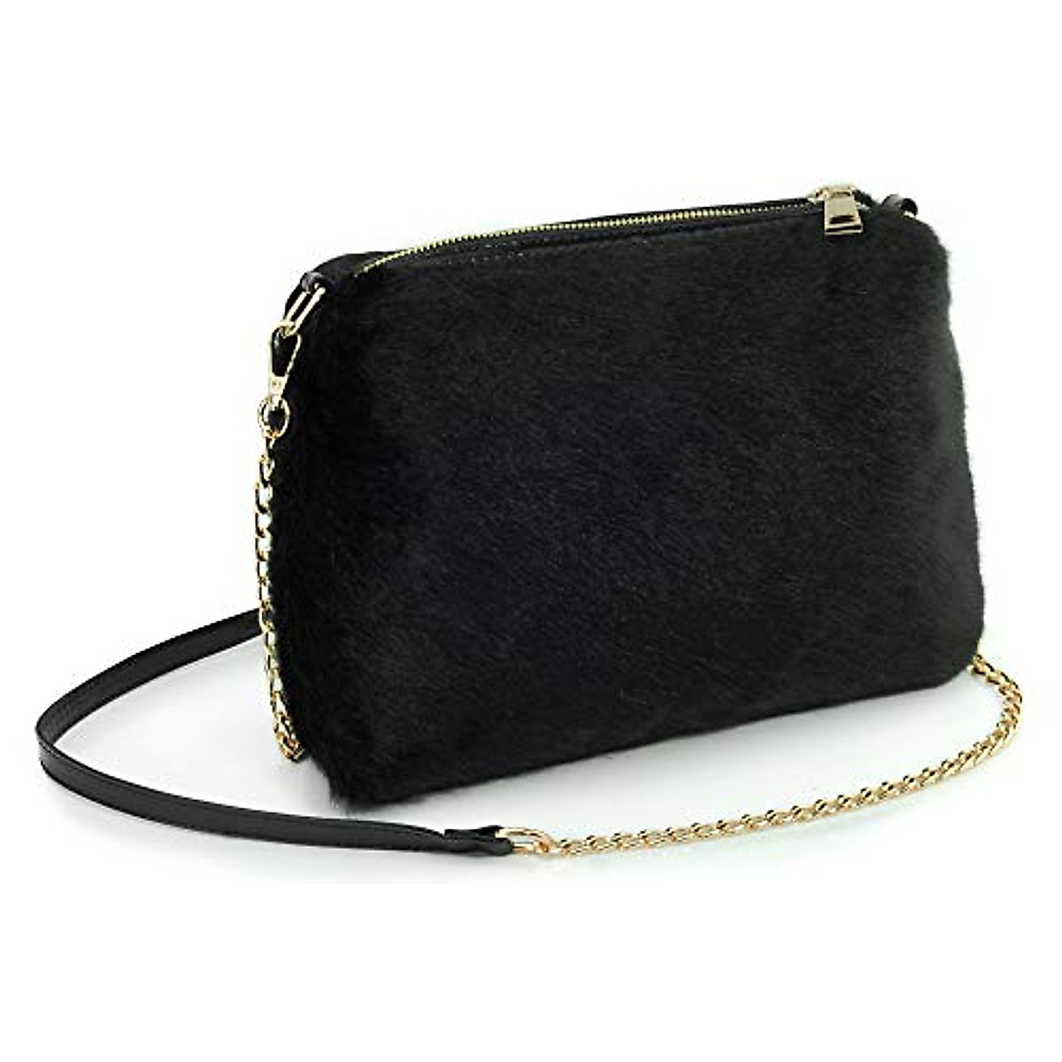 HOXIS Faux Fur Furry Crossbody Shoulder Handbag Clutch Purse (Black)