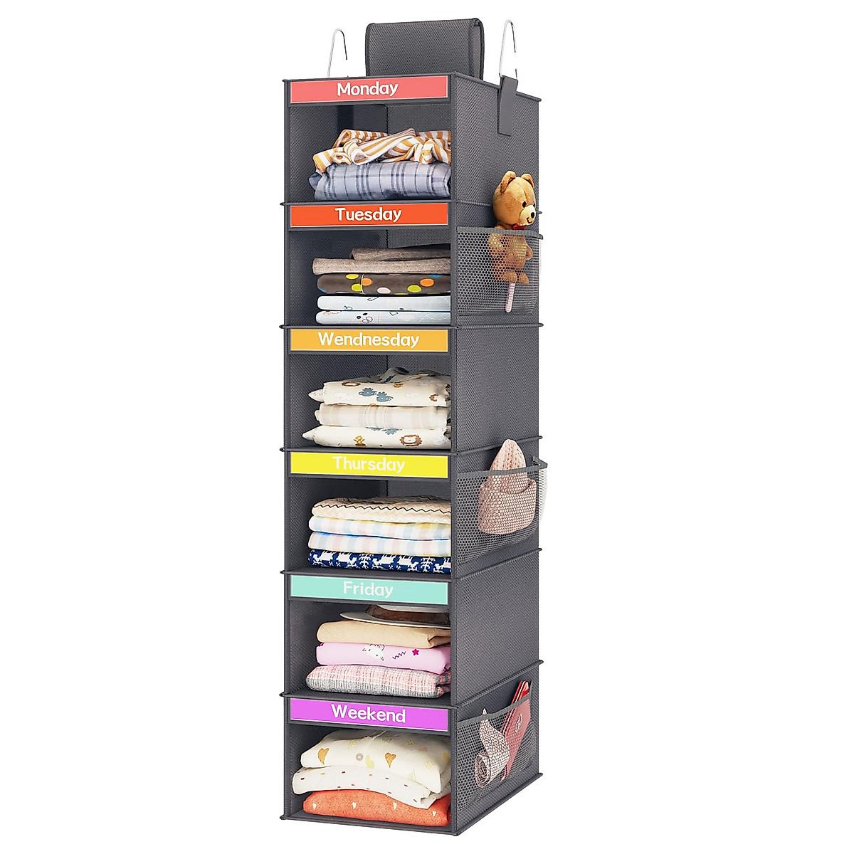 Fixwal 6-Shelf Weekly Clothes Organizer for Kids, Kids Daily Shelf Hanging Closet Organizer with 6 Side Pockets, Days of The Week Hanging Storage Shelves (Dark Grey)