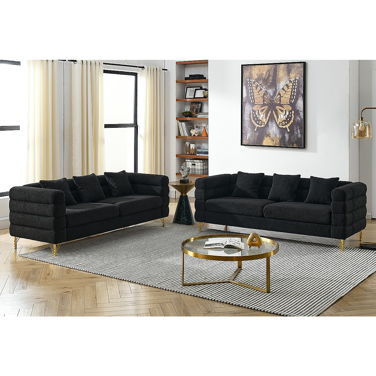 Comfy 3 Seater Sofa, 81-inch Oversized Boucle Couch with Deep Seat Design, Upholstered Sofa Couch with 2 Pillows, Modern Living Room Sofa with Stylish Metal Legs for Office, Waiting Room, Black Teddy