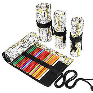 Funny live 24/36/48/72 Slots Colored Pencil Wrap Roll up Pen Holder Case Drawing Coloring Pencil Roll Organizer Stationery Case for Student Artist Traveler (Map, 72 Slots)