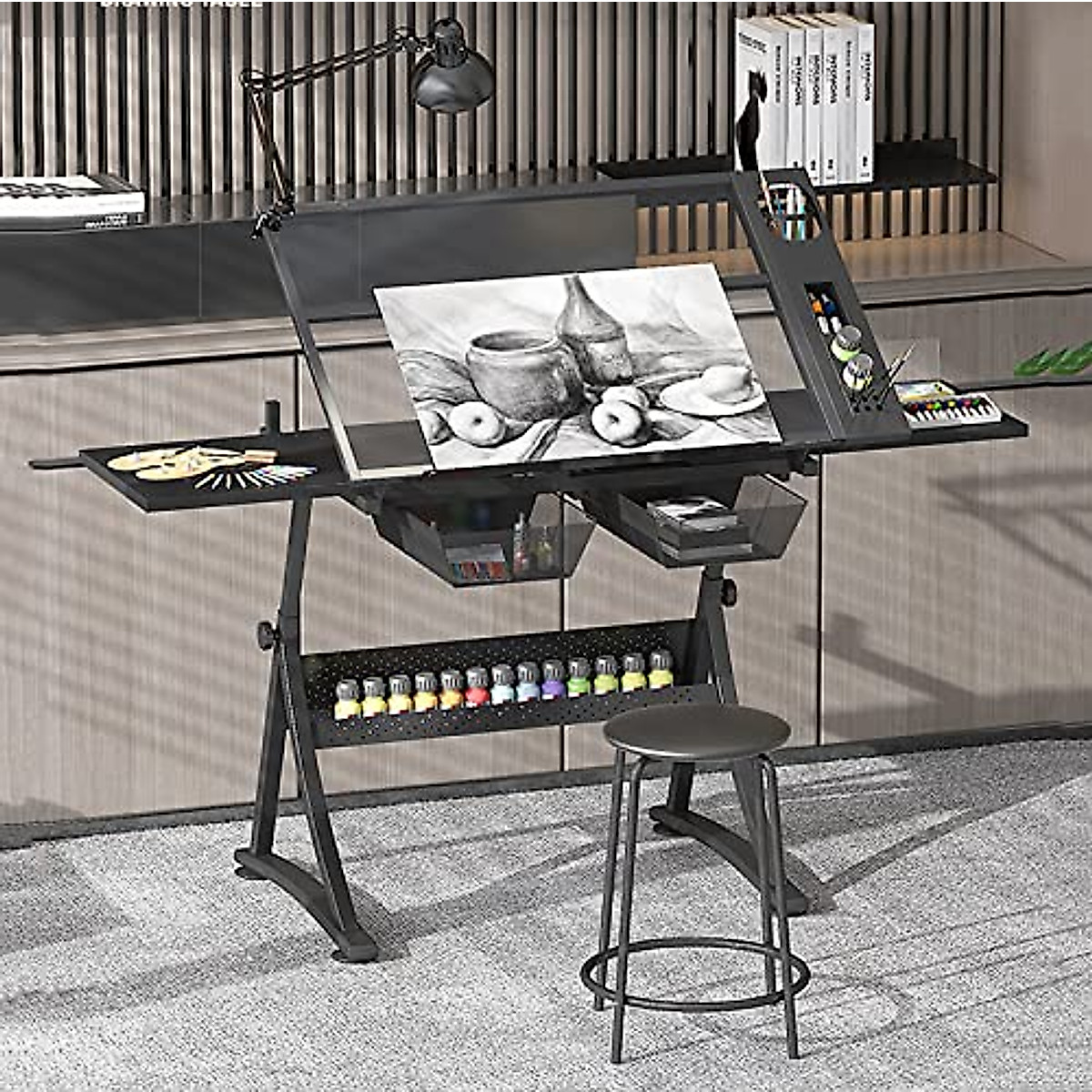 VejiA Drafting Table Art/Adjustable Glass Drawing Table with 2 Drawers, Art Desk Art Table with Storage, Student Desk Study Desk for Drawing, Painting, Writing and St