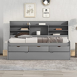 Merax Twin Size Wooden Captain Bed with Built-in Bookshelves, Three Storage Drawers and Trundle, Light Grey