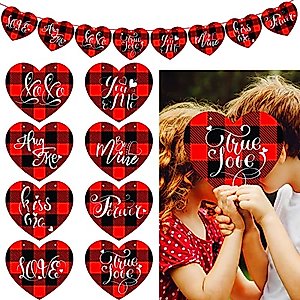 16 Pcs Valentines Heart Garland Decorations Felt 7 Inch Valentines Heart Banner Valentines Gnome Heart Decorations for Wedding Anniversary Romantic Party Favor and Supply (Plaid Heart Style)
