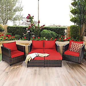 Tangkula 5 Pieces Patio Furniture Set, Outdoor Rattan Sofa Set w/Removable Cushions, Wicker Loveseat w/Single Sofa and Ottoman, Sectional Sofa Conversation Set for Backyard, Garden, Poolside (Red)