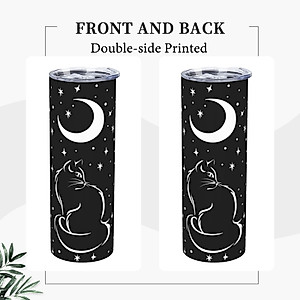 Srucddu 20oz Black Cat Moon Cat Insulated Tumbler With Lid And Straw, 3d Print Vacuum Cat Travel Mug Stainless Steel Coffee Tumbler Cup, Cat Gifts Cat Lover Tumbler for Cat Mom Women Girl